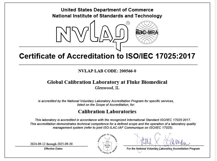 Fluke Biomedical NVLAP 17025 Accreditation Certificate & Scope 2024 ...