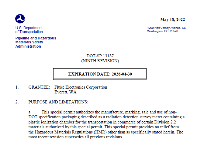 Fluke 451P - Department Of Transportation Exemption Certificate Exp ...